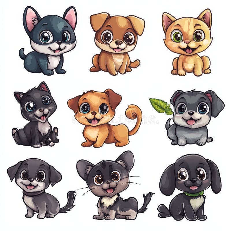 The Cutest Cartoon Pets Collection with Big Eyes Stock Photo - Image of ...