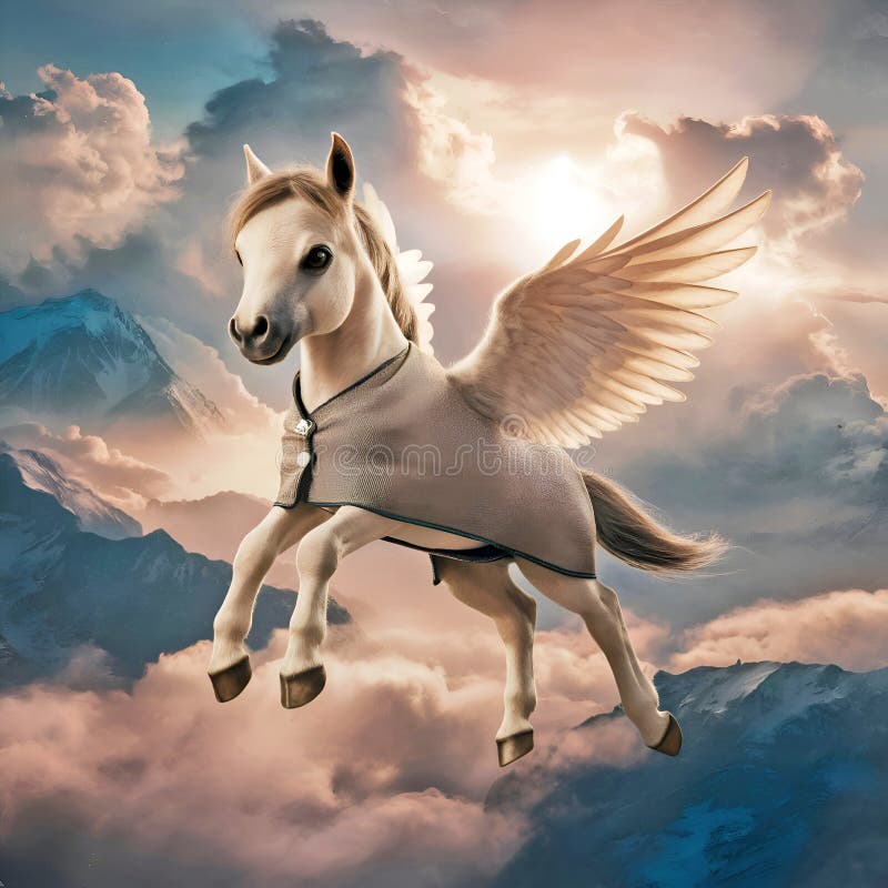 Cutest Pegasus Baby Flying at Clouds Sky. Close Up. Digital Artwork ...