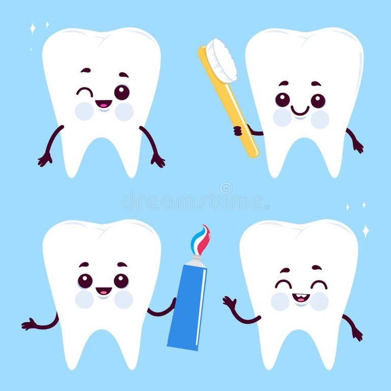 Cute Cartoon Teeth Characters with Toothbrush and Toothpaste. Dental ...