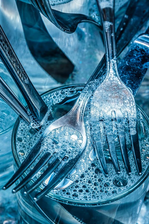 Cutlery Being Washed with Water and Detergent Stock Image - Image of ...
