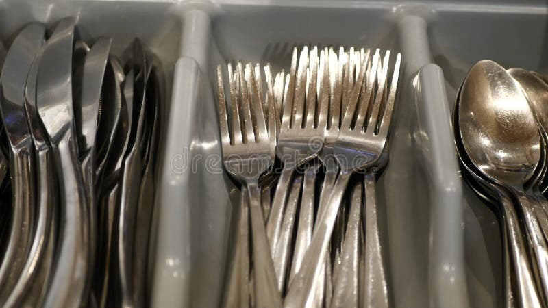 Cutlery Fork with Knife and Spoon in a Drawer Stock Video - Video of ...
