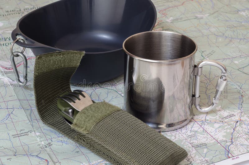 Cutlery and mug on map stock photo. Image of menu, hike - 92235480