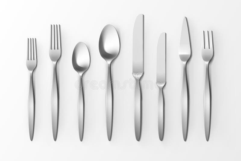 Cutlery Set of Silver Fork Spoon and Knife Top View Isolated on White ...