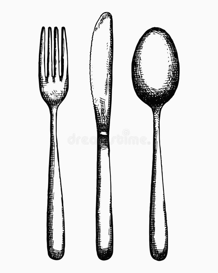 Cutlery Vector Vintage Sketch. Fork Knife and Spoon Hand Drawing ...