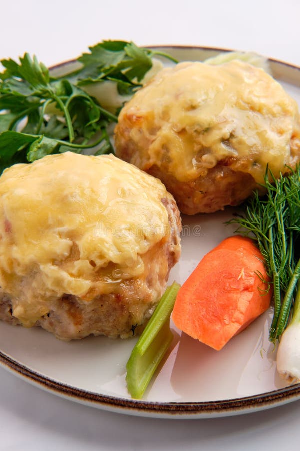 Cutlet Covered with Melted Cheese Served with Fresh Carrot, Onion and ...