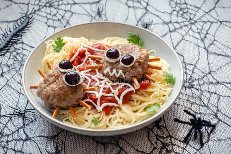 Cutlet Look Like a Spider with Pasta Stock Image - Image of scary ...