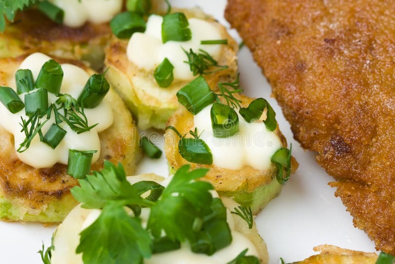 Cutlet and Roasted Marrow with Sliced Greens Stock Image - Image of ...