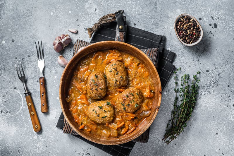 Cutlets or Fish Balls with Tuna in Tomato Sauce. Gray Background Stock ...