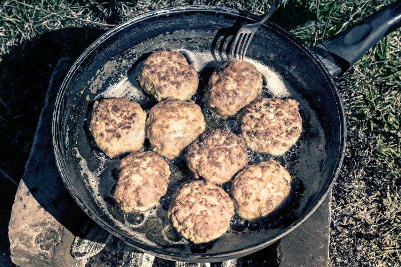 Cutlets Fried in a Pan Over a Fire Stock Photo - Image of iron, meat ...