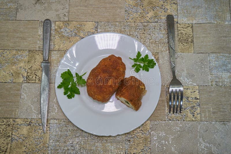 Cutlets on a Plate Top View,delicious Breaded Chicken Cutlets with Fork ...