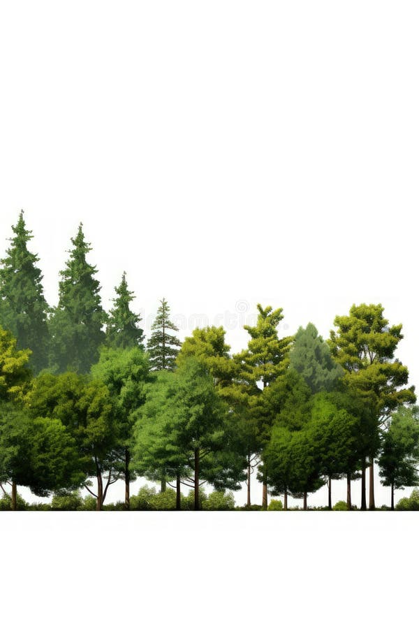 Cutout Tree Line a Row of Green Trees and Shrubs in Summer on a White ...