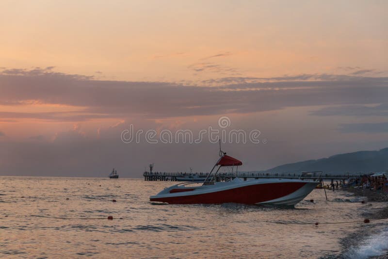 Cutter Boat with Sunset Over the Sea Stock Image - Image of relax ...