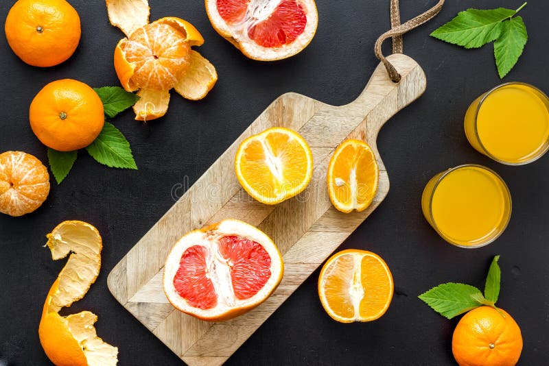 Cutting Board with Citrus Fruits Top View Stock Image - Image of black ...
