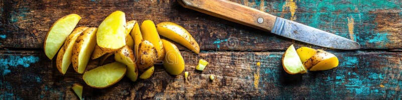 Cutting Board, Fresh Slices of Potatoes with Sharp Knife on Rustic ...