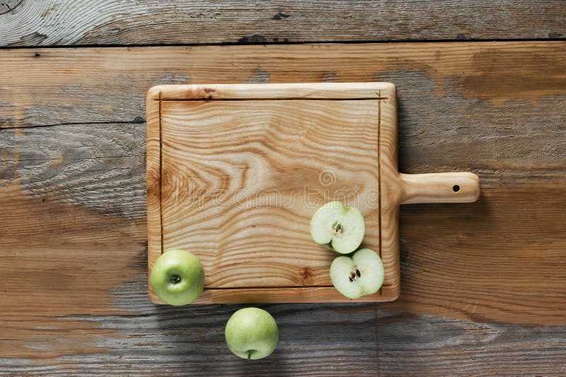Cutting Board Green Apples Wooden Kitchen Table Top View Stock Image ...