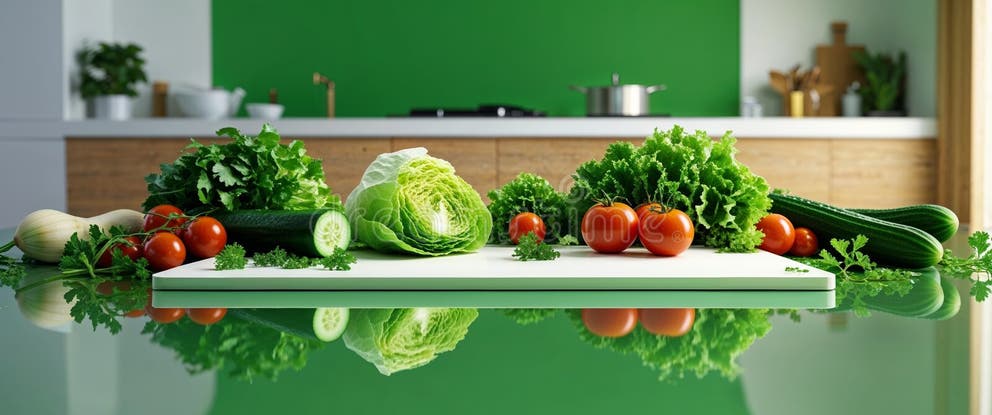Cutting Board with Green Screen in Kitchen with Fresh Vegetables. Stock ...