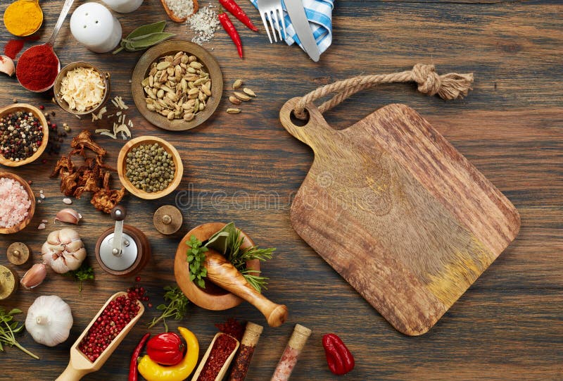 Cutting Board and Ingredients Stock Photo - Image of mortar, copy ...