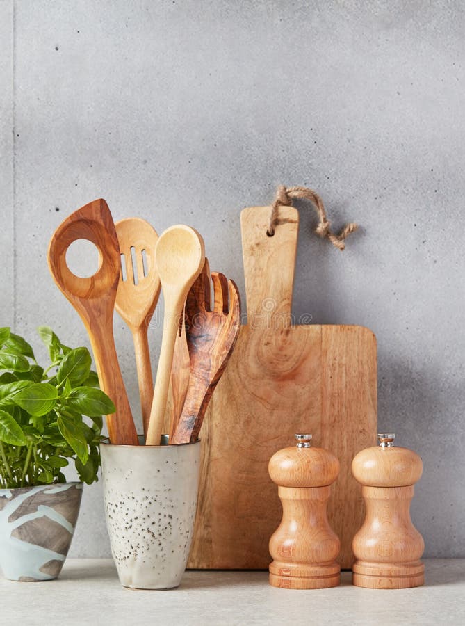 Cutting Board, Spoons, Salt and Pepper and Basil Stock Photo - Image of ...