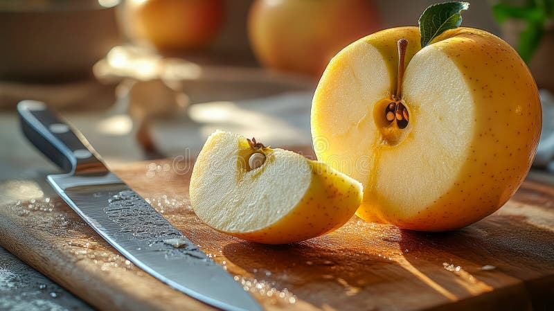 On the Cutting Board There is a Cut Apple with White Pulp and Seeds ...