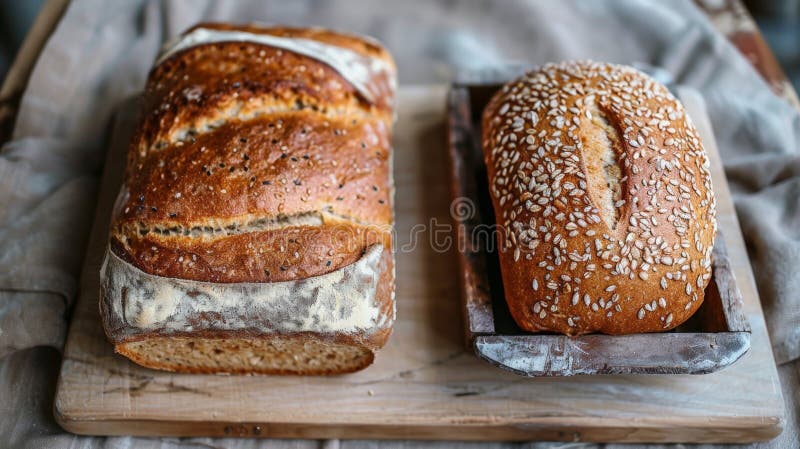 Two Loaves of Bread on Cutting Board with Knife Stock Photo - Image of ...