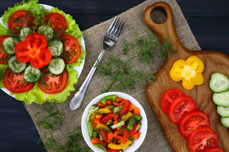 A Cutting Board with Vegetables and Salads, Diagonal Stock Photo ...