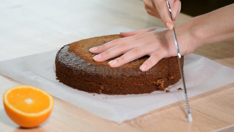 Cutting Cake on Layers. Making Chocolate Layer Cake. Stock Footage ...