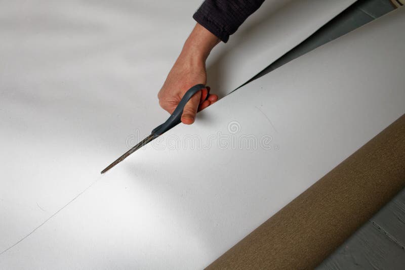 Cutting of Canvas Using Scissors Stock Photo - Image of preparation ...