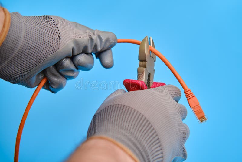 Cutting a Computer Network Wire with Wire Cutters, Blue Studio ...