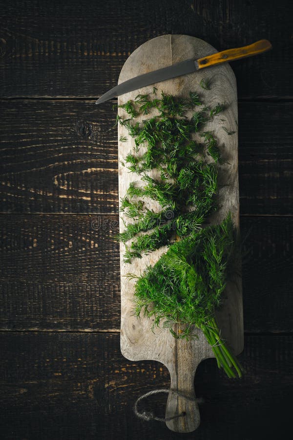 Cutting Dill on the Wooden Board Top View Stock Image - Image of ...