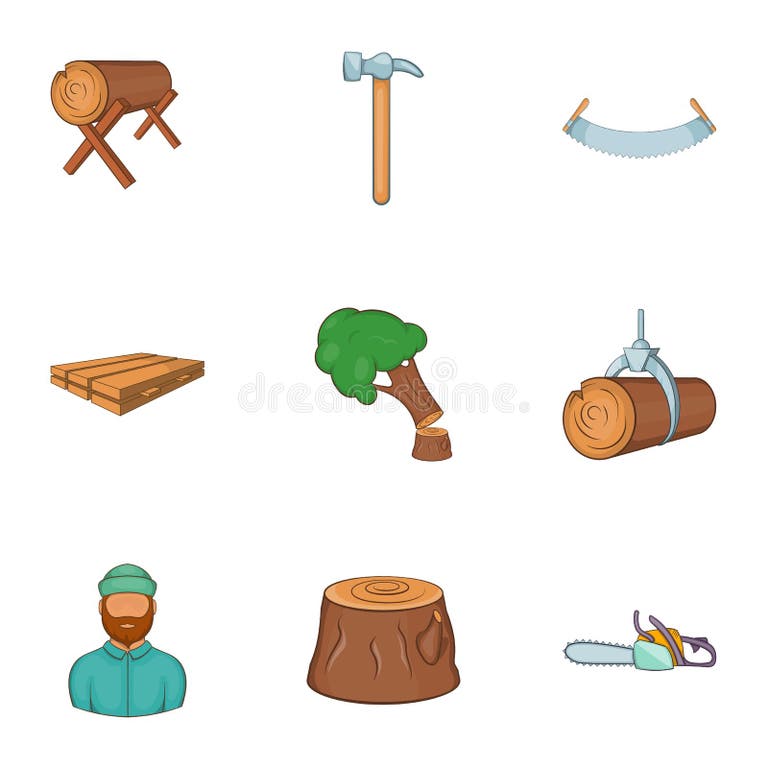 Cutting Down Trees Icons Set, Cartoon Style Stock Vector - Illustration ...