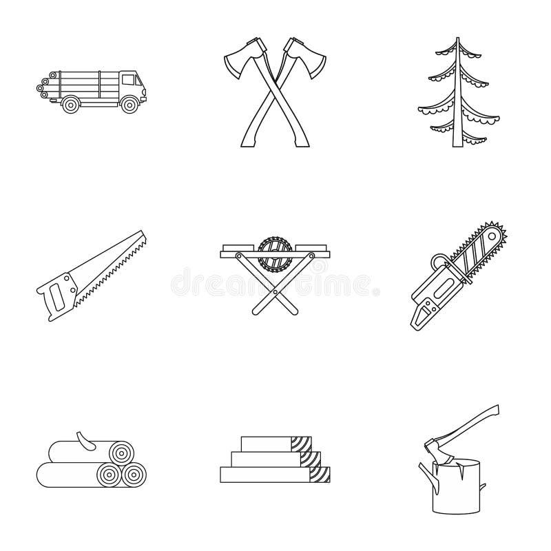 Cutting Down Trees Icons Set, Outline Style Stock Vector - Illustration ...