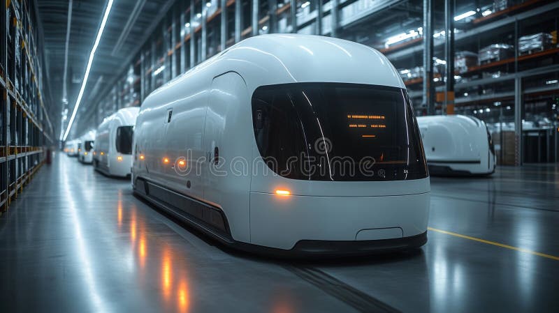 Cutting Edge Automated Transport Vehicles Wait in a Modern Warehouse ...