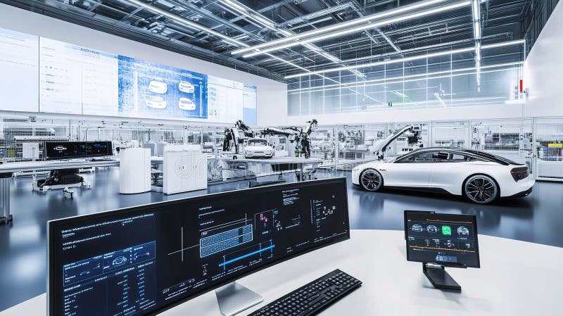 Modern Automotive Technology Lab with Robotic Arms and Advanced ...