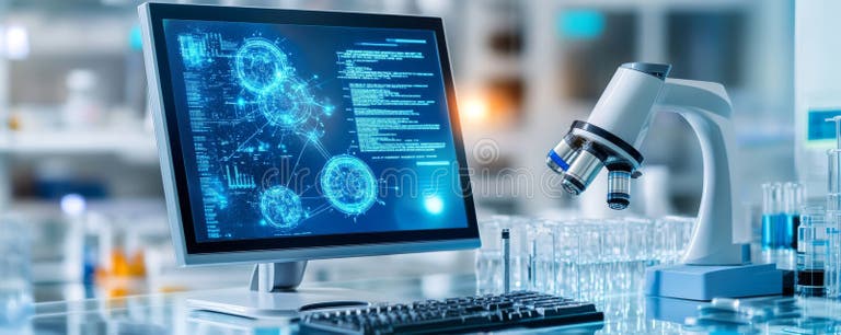 Cutting-Edge Biotechnology Lab with Digital Screens and Genetic Data Display Stock Illustration ...