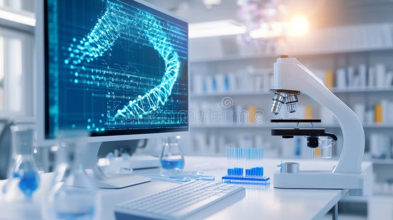 Cutting-Edge Biotechnology Lab with Digital Screens and Genetic Data ...