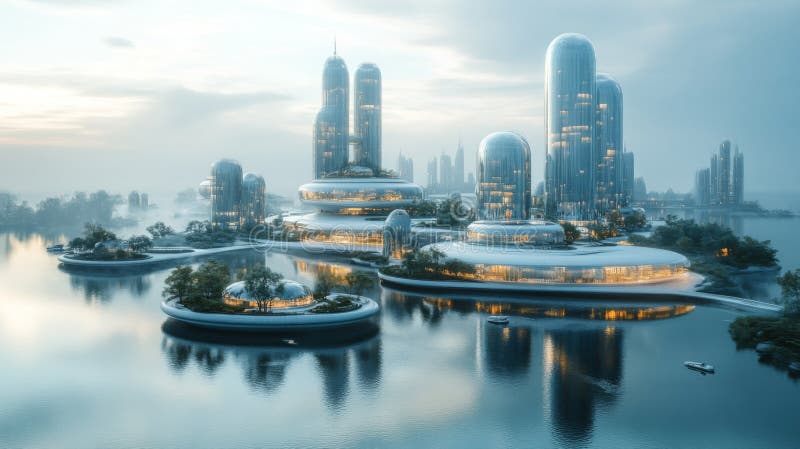 Futuristic Urban Landscape with Sleek Buildings and Water Reflections ...