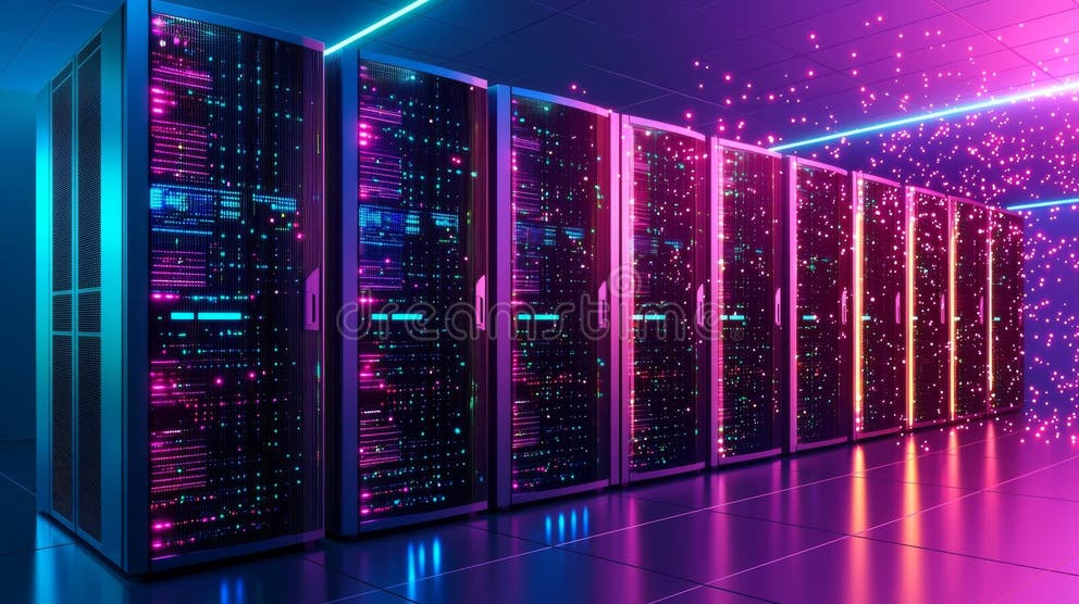 A Cutting-edge Data Center Featuring Illuminated Server Racks and Fiber Optic Links. Stock Image ...