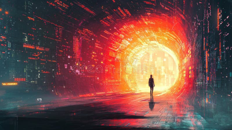 A Cutting-edge Digital Tunnel Illuminated by Bright Neon Lights, with ...