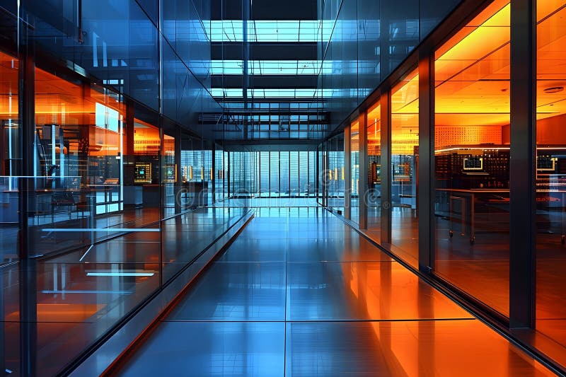 Cutting-Edge High-Tech Headquarters Corridor with Striking Glass Architecture and Modern ...