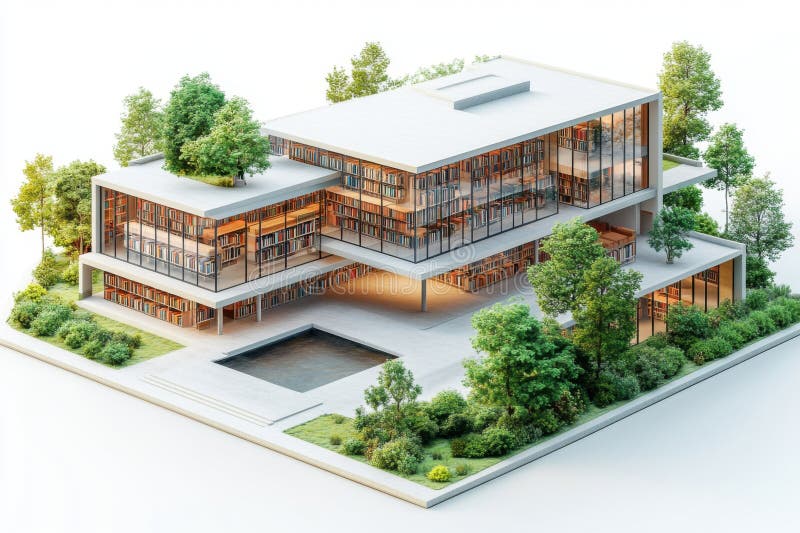 Modern Sustainable Library with Glass Facade and Integrated Greenery ...