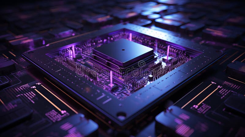Futuristic Processing Unit Glowing with Vibrant Purple Hues in a Tech ...