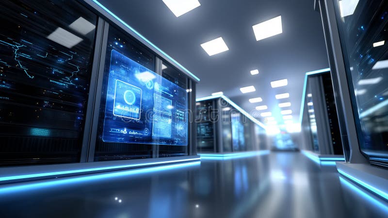 Cutting-edge Server Room Showcasing Rows of Servers and Digital Displays Emitting Blue Light ...