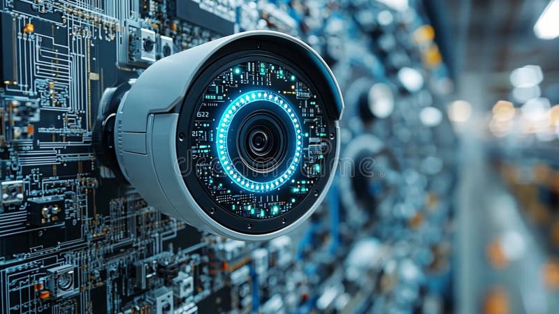 Modern Surveillance Camera on Electronic Circuitry Background in a High ...
