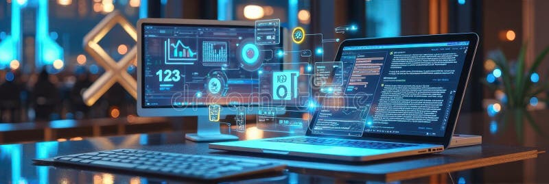 Cutting-edge Technology Workspace with Dual Screens and Interactive ...