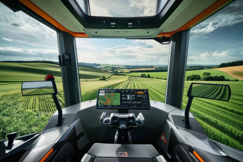 Cutting-edge Tractor Interior with a Panoramic View of Rolling Green ...