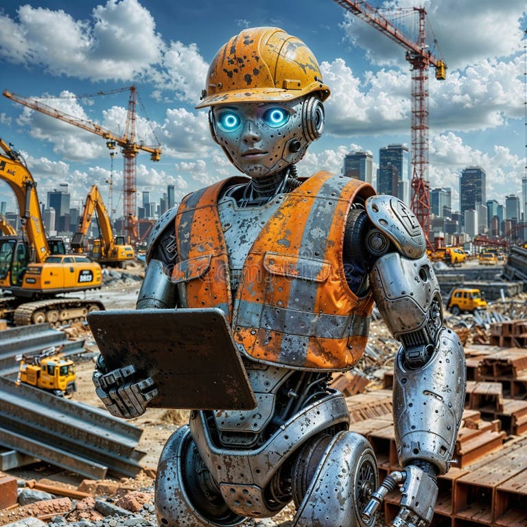 Futuristic Construction Robots Operating Advanced Machinery on a High ...