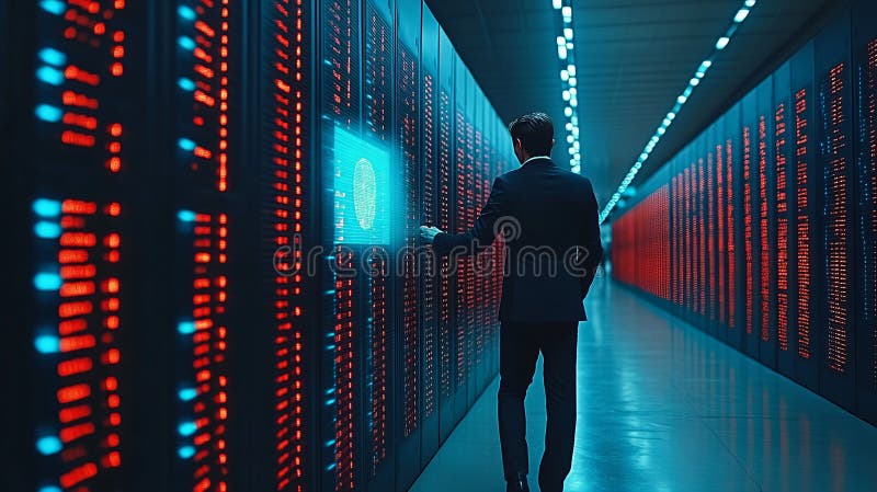 In Cutting Edge Workspace, Man in Suit Engages with Digital Data on ...