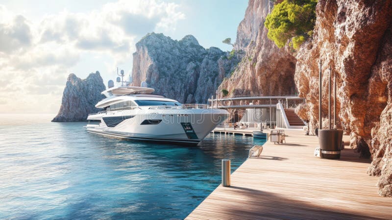 A Cutting-edge Yacht Parked at a Secluded Dock, with a Digital Stock ...