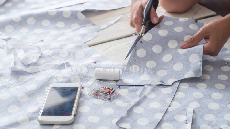 Cutting Fabric Polka Dot Sewing the Pattern Stock Photo - Image of ...