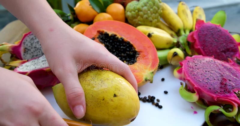 Cutting Fresh Ripe Mango in Cubes. How To Cut Mango Tutorial Stock ...